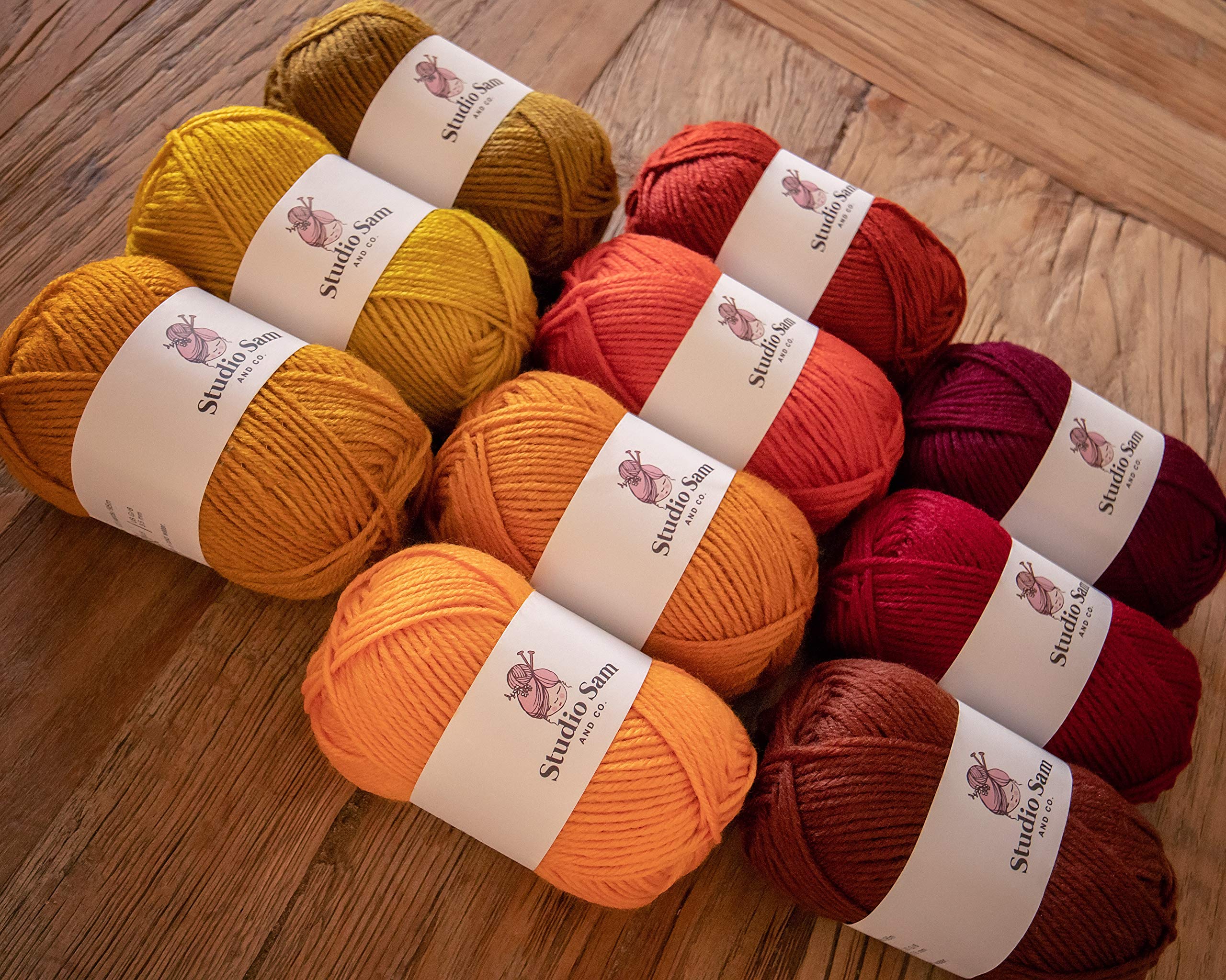 Studio Sam Acrylic Yarn Set. Ten Large 50g Skeins. Total 1030 Yards. for All Knitting, Crochet and Craft Projects. Orange and Brown (Autumn Collection)