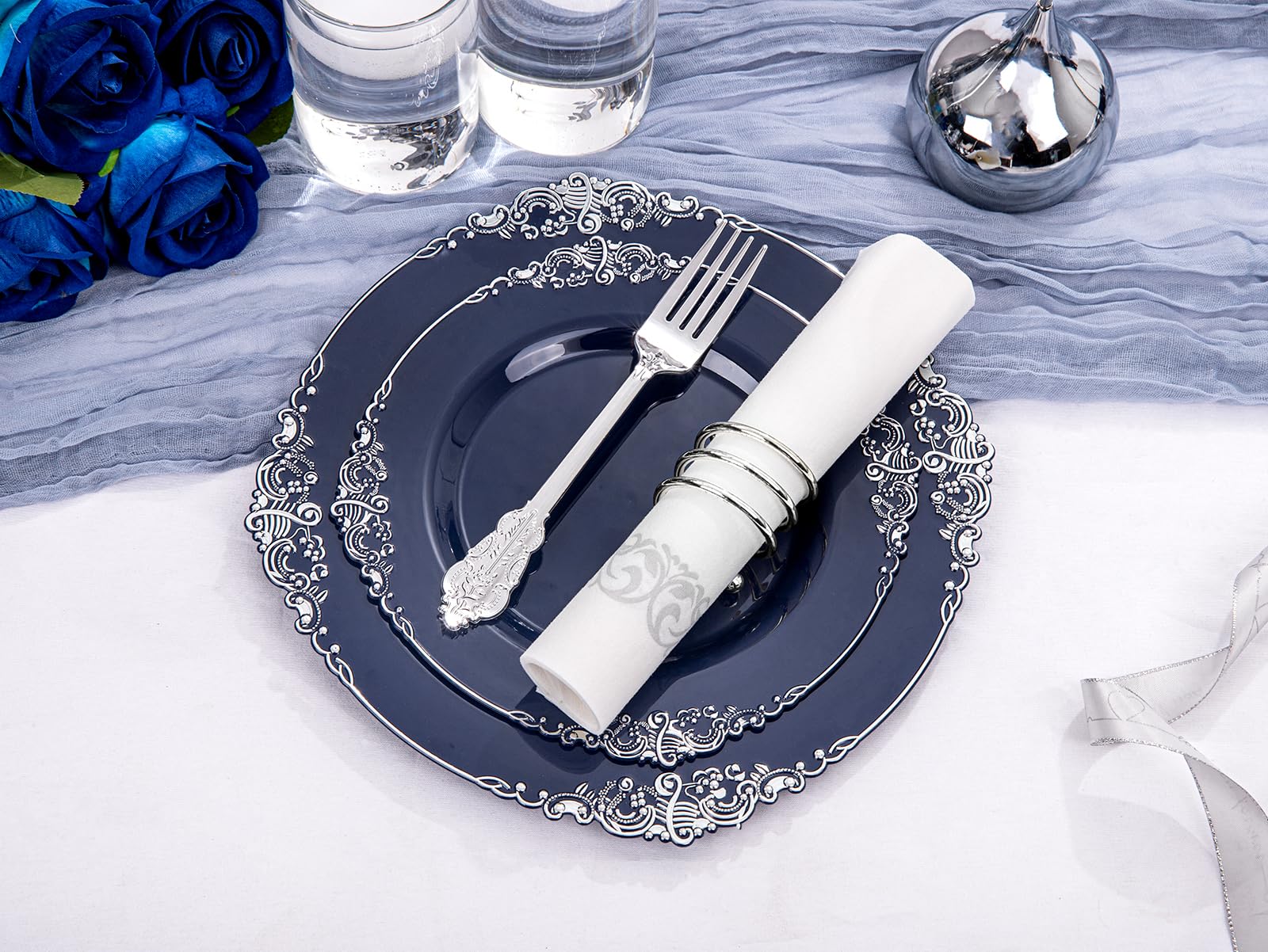 Hioasis 175pcs Blue Plastic Plates - Blue and Silver Plastic Plates Disposable Include 25 Dinner Plates,25 Dessert Plates,25 Knives,25 Forks,25 Spoons,25 Napkins Perfect for Wedding & Parties
