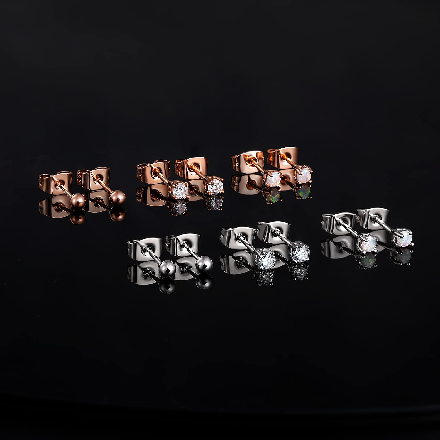6 Pairs Round Ball Stud Earrings Pack in 18k Rose Gold, White Gold Plated Color with Opal, CZ Stone