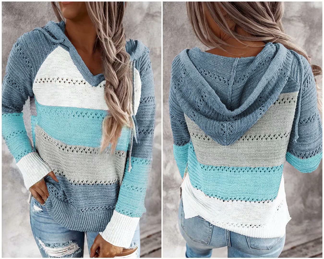 BLENCOT Women's Casual Color Block Hoodies Sweater Long Sleeve Drawstring Pullover Sweatshirts Fashion Knitted Tops Blue M