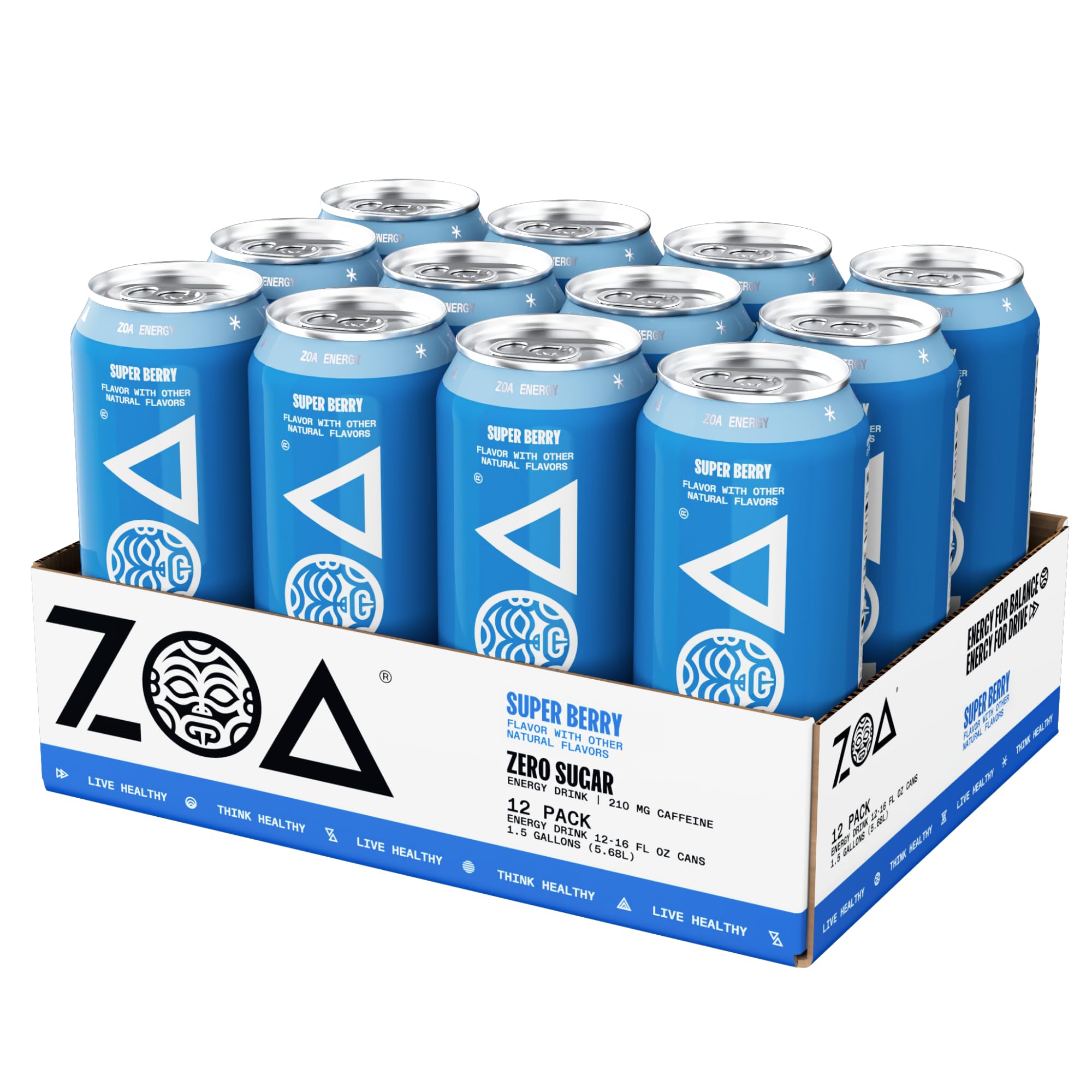 ZOA Zero Sugar Energy Drinks, Super Berry - Sugar Free with Electrolytes, Healthy Vitamin C, Amino Acids, Essential B-Vitamins, and Caffeine from Green Tea - 16 Fl Oz (12-Pack)