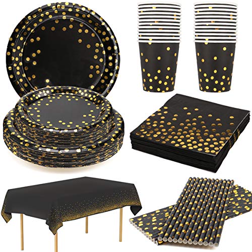 24 Guests Black and Gold Party Supplies Disposable Party Plates Tableware Cups Napkins Straws Table Cloth for 18th 50th 70th Birthday Party 1920s Cocktail Halloween Plates Gold Dot Black Paper Plates