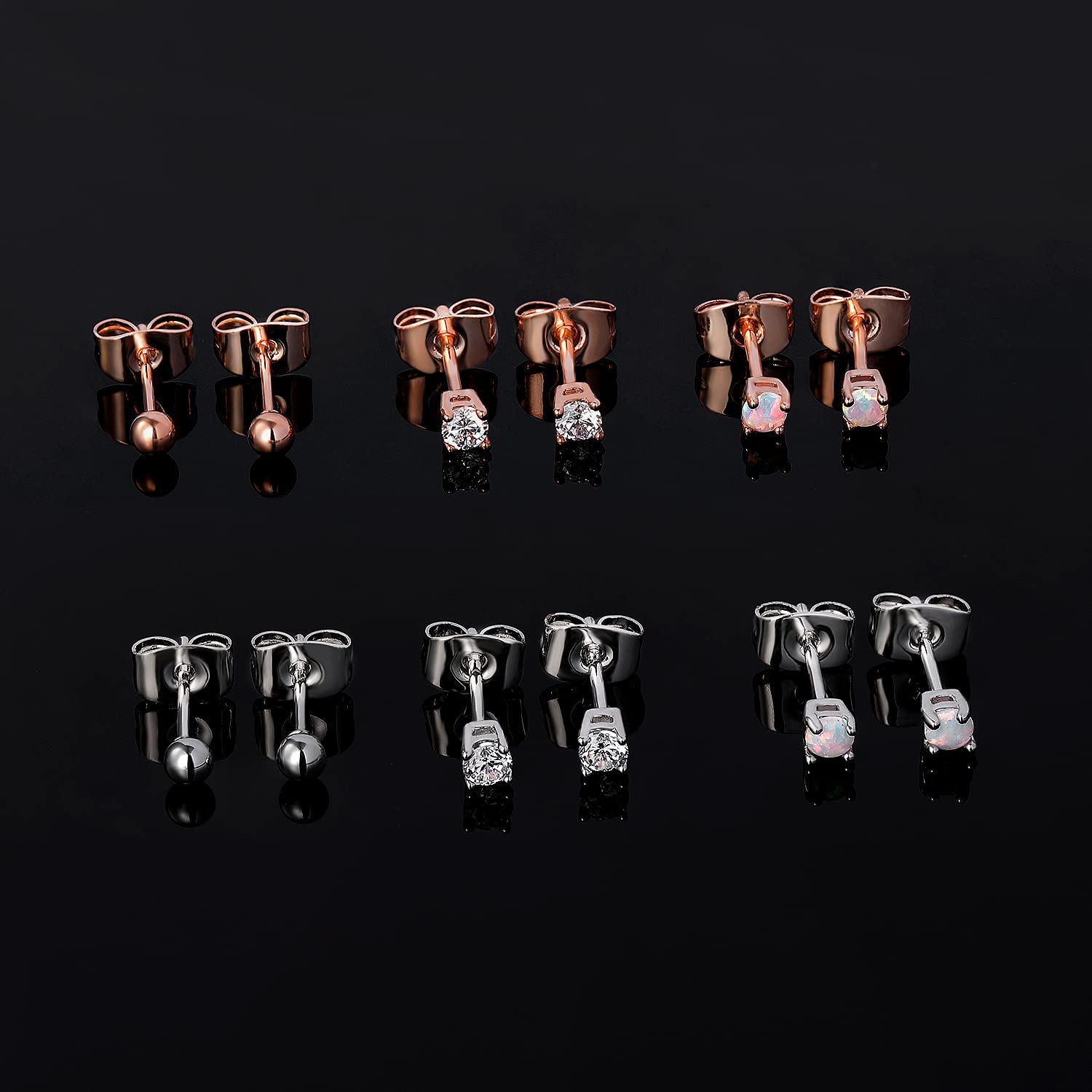 6 Pairs Round Ball Stud Earrings Pack in 18k Rose Gold, White Gold Plated Color with Opal, CZ Stone