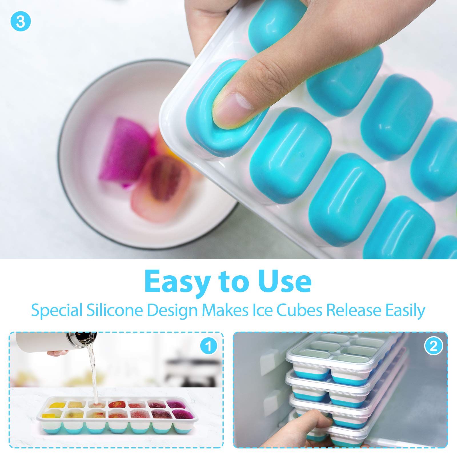 DOQAUS Ice Cube Trays 4 Pack, 56 pcs Silicone Ice Cubes Tray Maker with Spill-Resistant Removable Lid, Easy Release & Pop out, LFGB and BPA Free, Stackable Flexible, for Soup, Food, Cocktail, Coffee