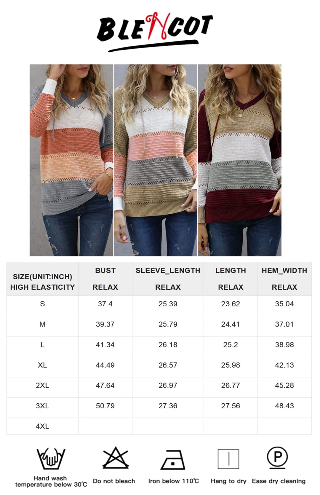 BLENCOT Women's Casual Color Block Hoodies Sweater Long Sleeve Drawstring Pullover Sweatshirts Fashion Knitted Tops Blue M