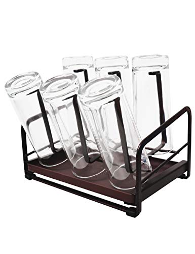 YEAVS Cup Drying Rack with Drain Tray, Bottle Drying Rack Stand with 6 Hooks, Mug Organizer, Brown