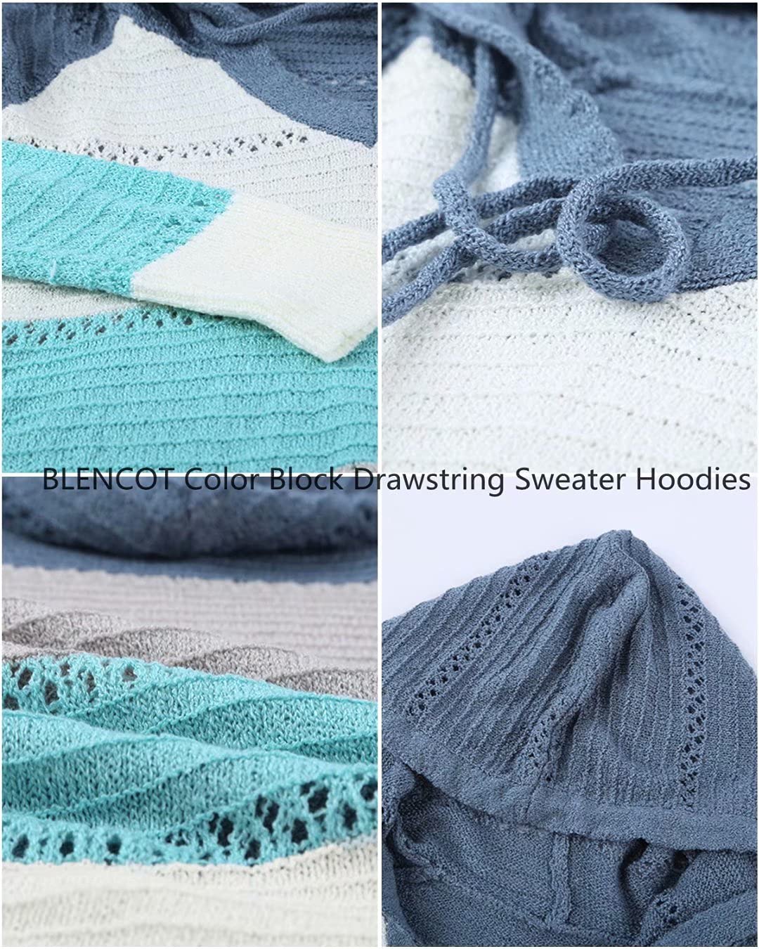 BLENCOT Women's Casual Color Block Hoodies Sweater Long Sleeve Drawstring Pullover Sweatshirts Fashion Knitted Tops Blue M