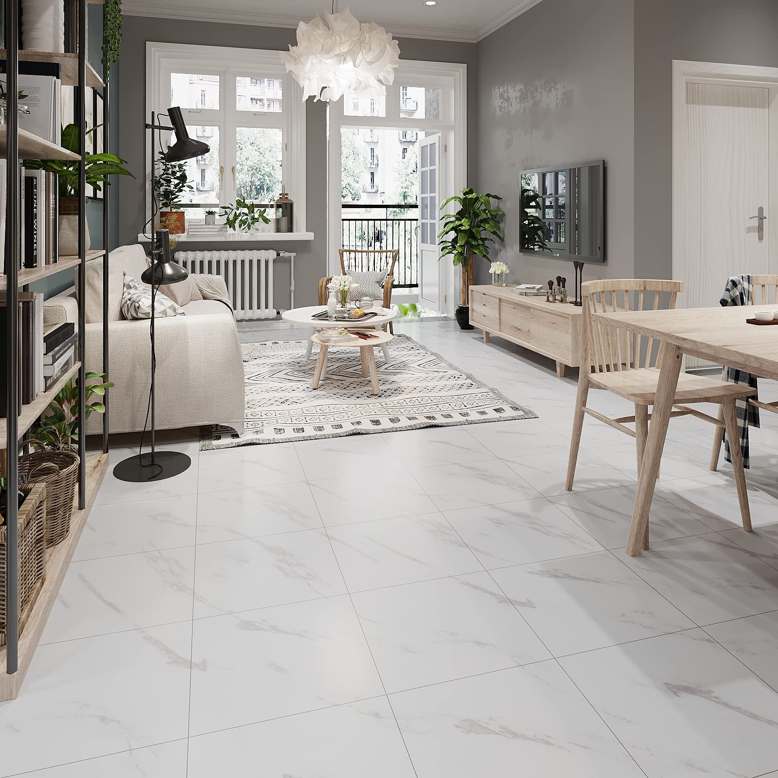 VEELIKE Vinyl Floor Tiles Peel and Stick 12''x12'' White Marble Flooring Tiles Self Adhesive Waterproof Floor Vinyl Sticker Tiles Decorative for Bathroom Bedroom Kitchen Wall Basement 4 Pack