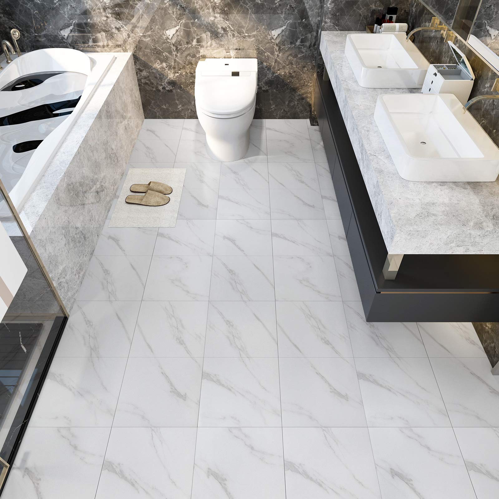 VEELIKE Vinyl Floor Tiles Peel and Stick 12''x12'' White Marble Flooring Tiles Self Adhesive Waterproof Floor Vinyl Sticker Tiles Decorative for Bathroom Bedroom Kitchen Wall Basement 4 Pack