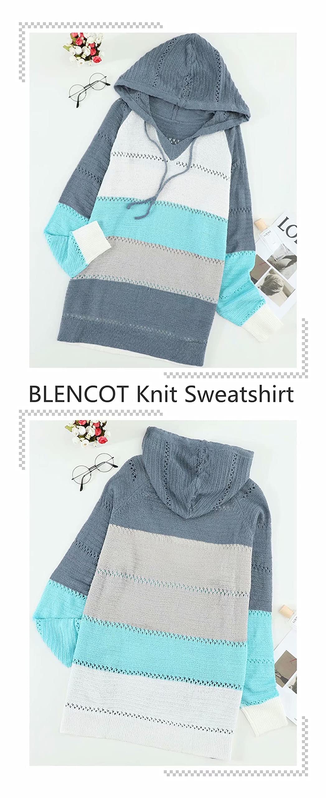 BLENCOT Women's Casual Color Block Hoodies Sweater Long Sleeve Drawstring Pullover Sweatshirts Fashion Knitted Tops Blue M