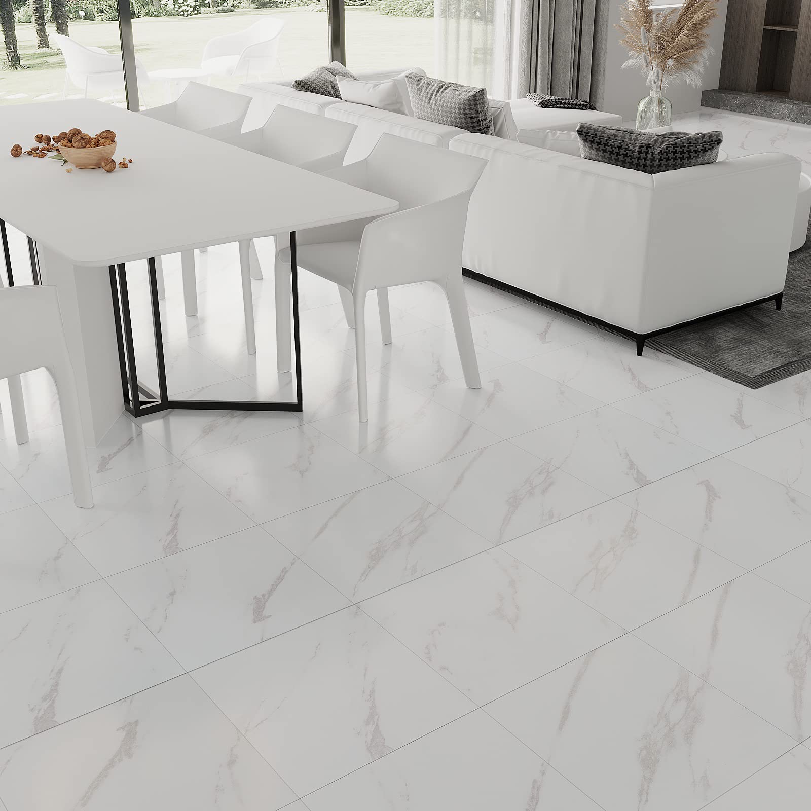 VEELIKE Vinyl Floor Tiles Peel and Stick 12''x12'' White Marble Flooring Tiles Self Adhesive Waterproof Floor Vinyl Sticker Tiles Decorative for Bathroom Bedroom Kitchen Wall Basement 4 Pack