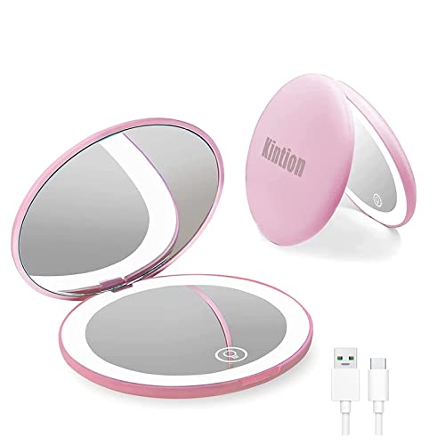 Kintion Compact Mirror with Light, 1X/10X Magnification Travel Mirror, Rechargeable Pocket Mirror LED Purse Mirror, 2-Sided, Folding, Handheld, Round, Small Makeup Mirror with Light for Gift (Pink)