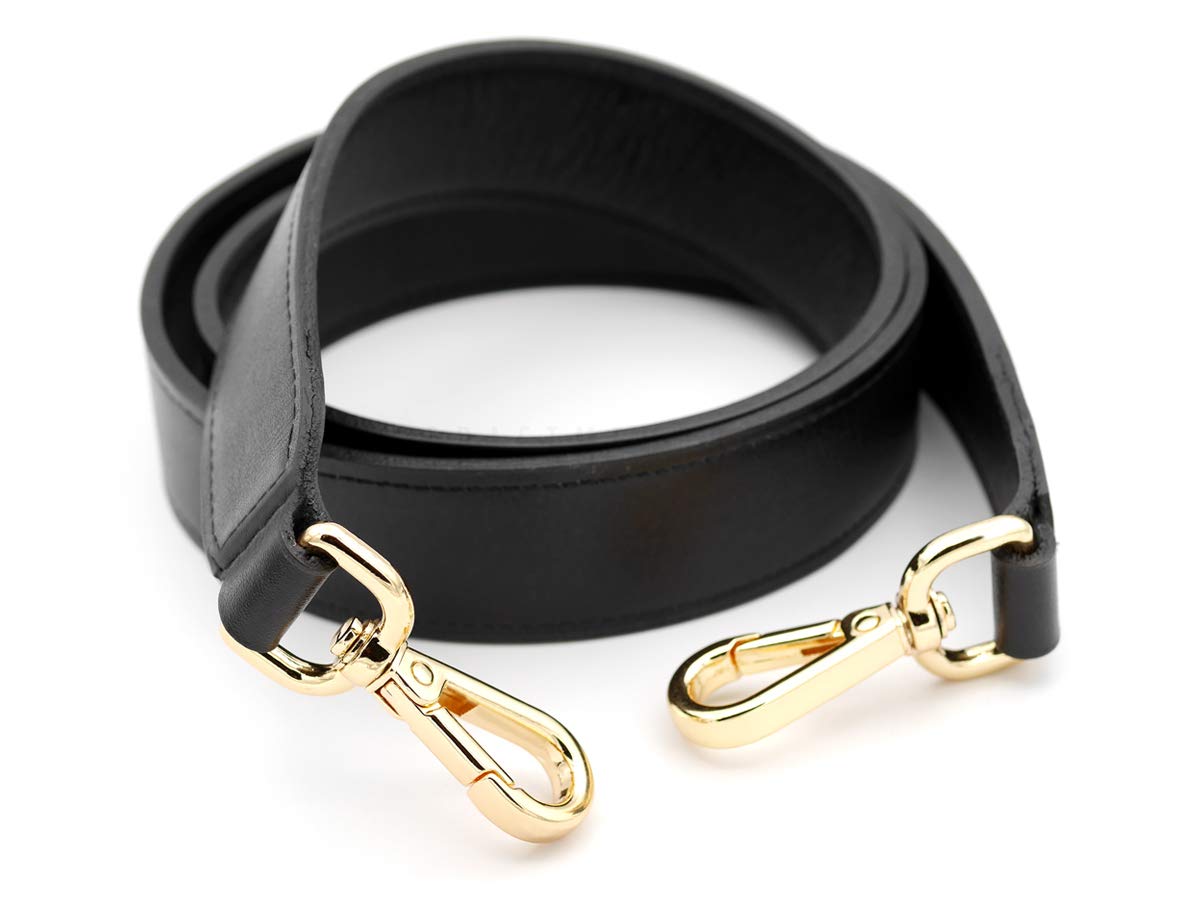 CRAFTMEMORE Bag Handle Replacement Genuine Leather Purse Strap for Handbag Tote Briefcase GL018 (Black Strap, Gold Clasp)
