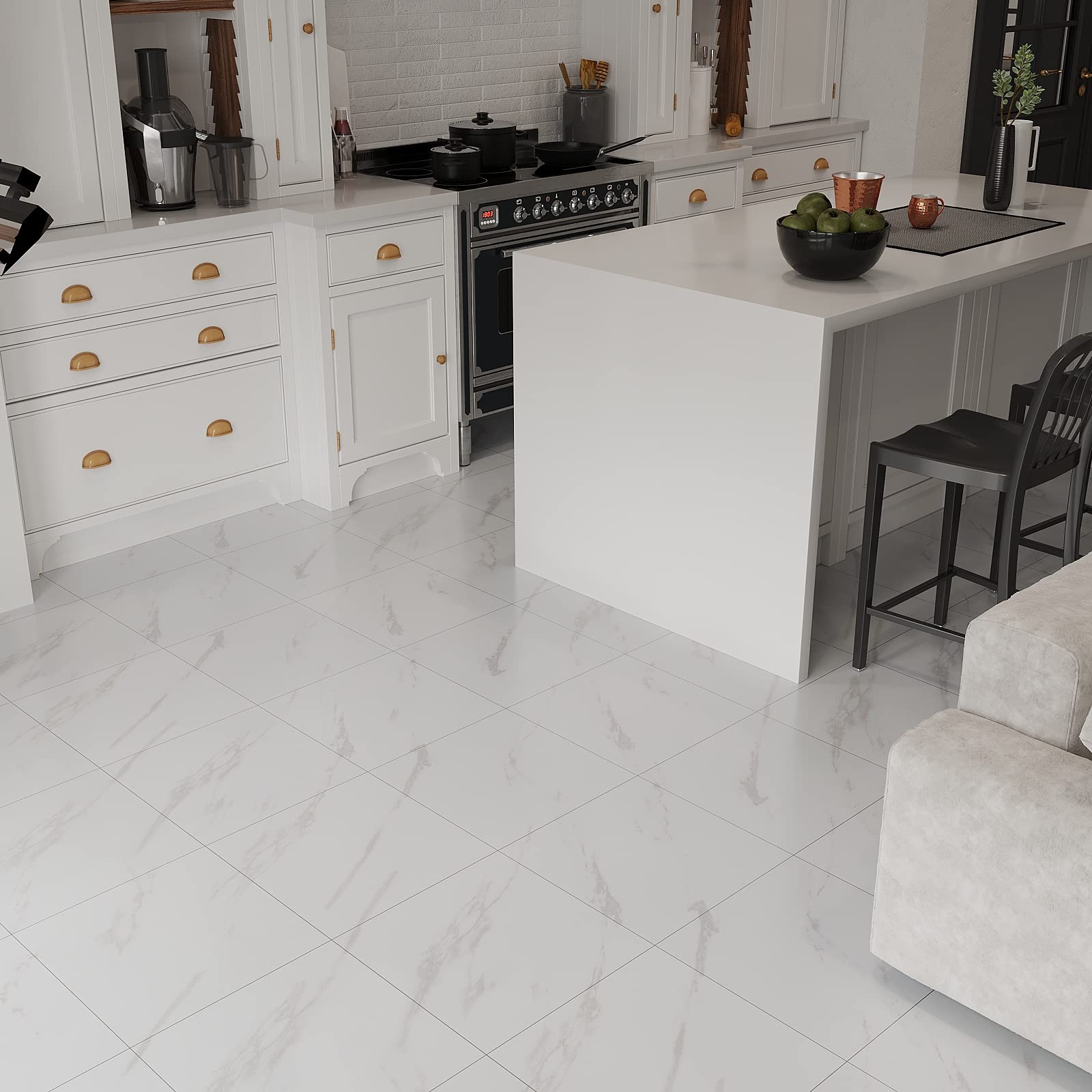 VEELIKE Vinyl Floor Tiles Peel and Stick 12''x12'' White Marble Flooring Tiles Self Adhesive Waterproof Floor Vinyl Sticker Tiles Decorative for Bathroom Bedroom Kitchen Wall Basement 4 Pack