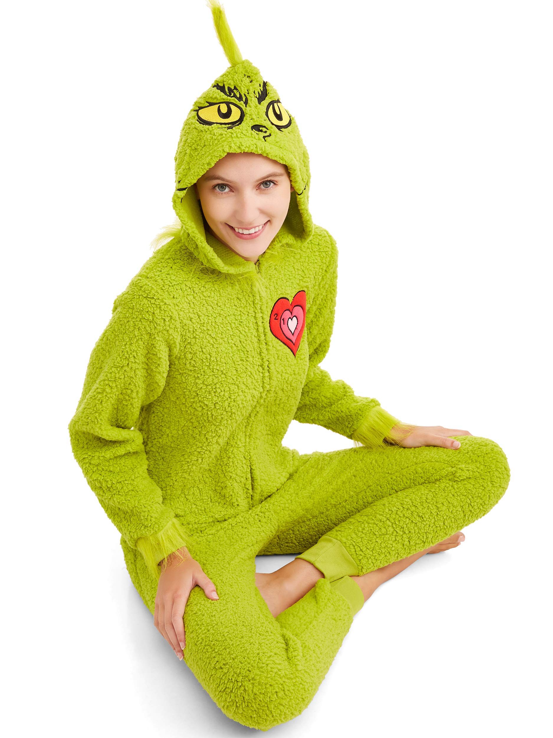 The Grinch Women's Fuzzy Plush Warm Holiday Hooded Union Suit Pajamas (Green, 3X)
