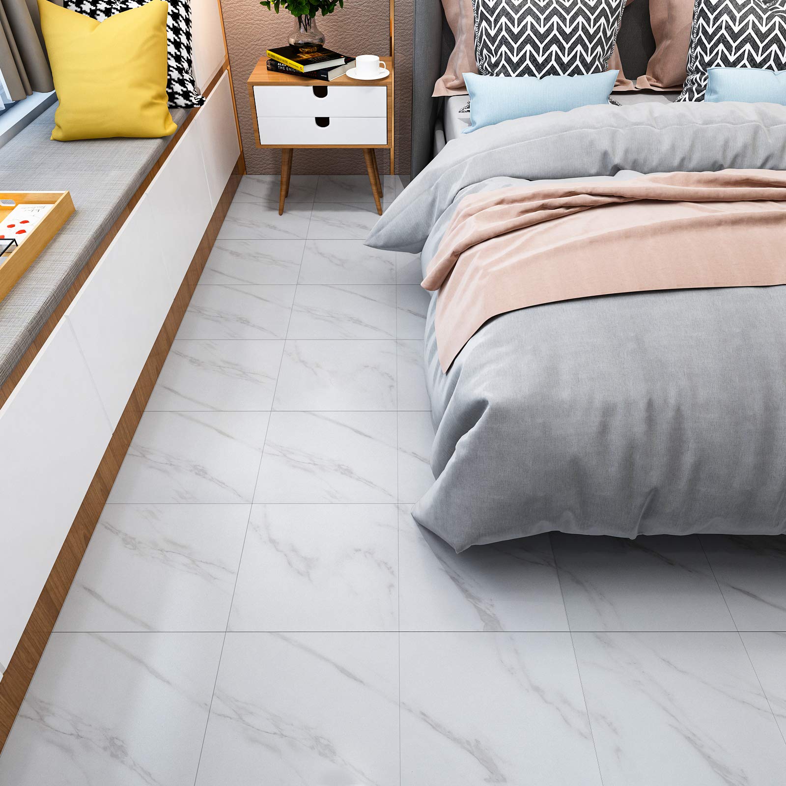 VEELIKE Vinyl Floor Tiles Peel and Stick 12''x12'' White Marble Flooring Tiles Self Adhesive Waterproof Floor Vinyl Sticker Tiles Decorative for Bathroom Bedroom Kitchen Wall Basement 4 Pack