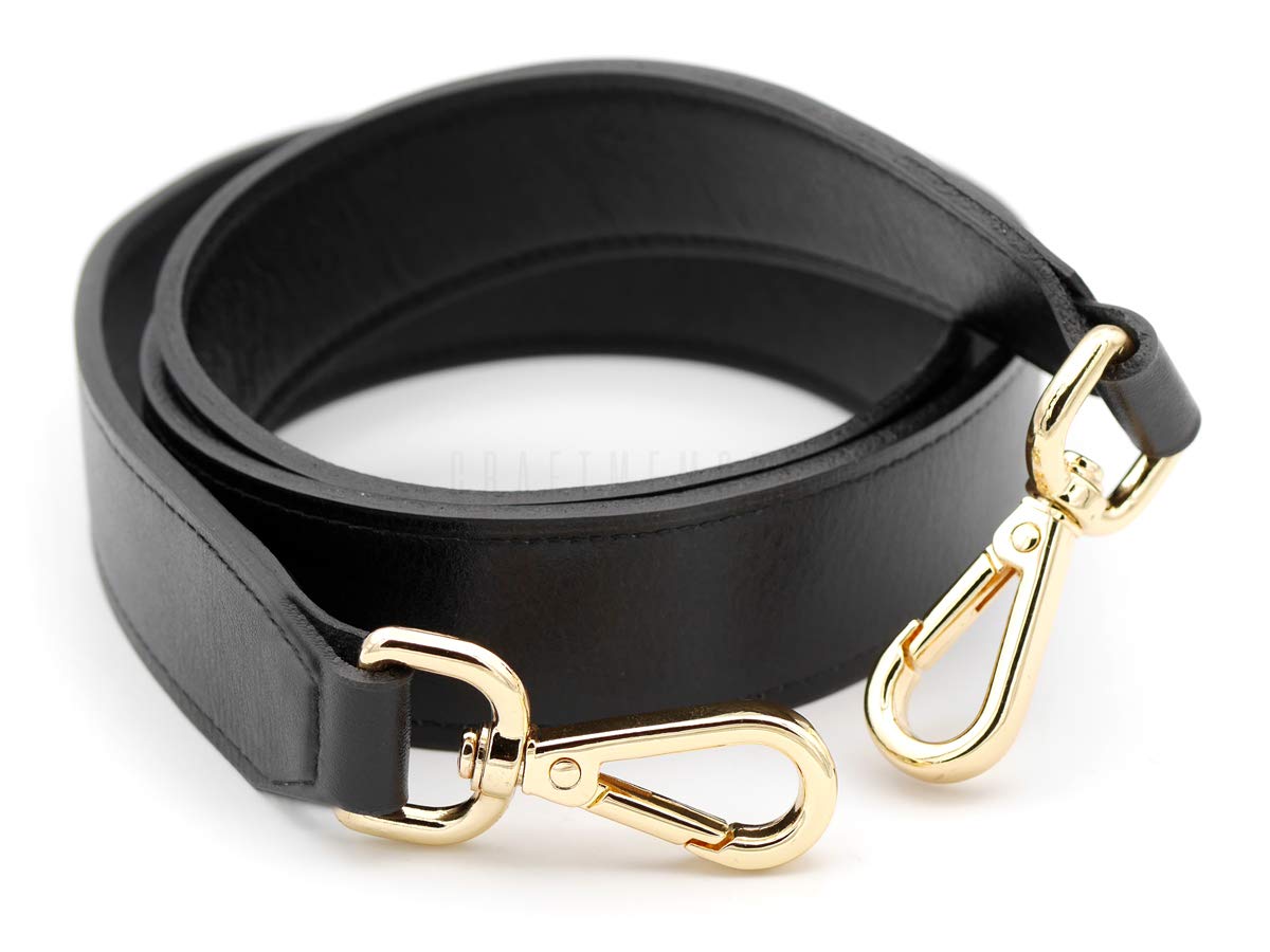 CRAFTMEMORE Bag Handle Replacement Genuine Leather Purse Strap for Handbag Tote Briefcase GL018 (Black Strap, Gold Clasp)