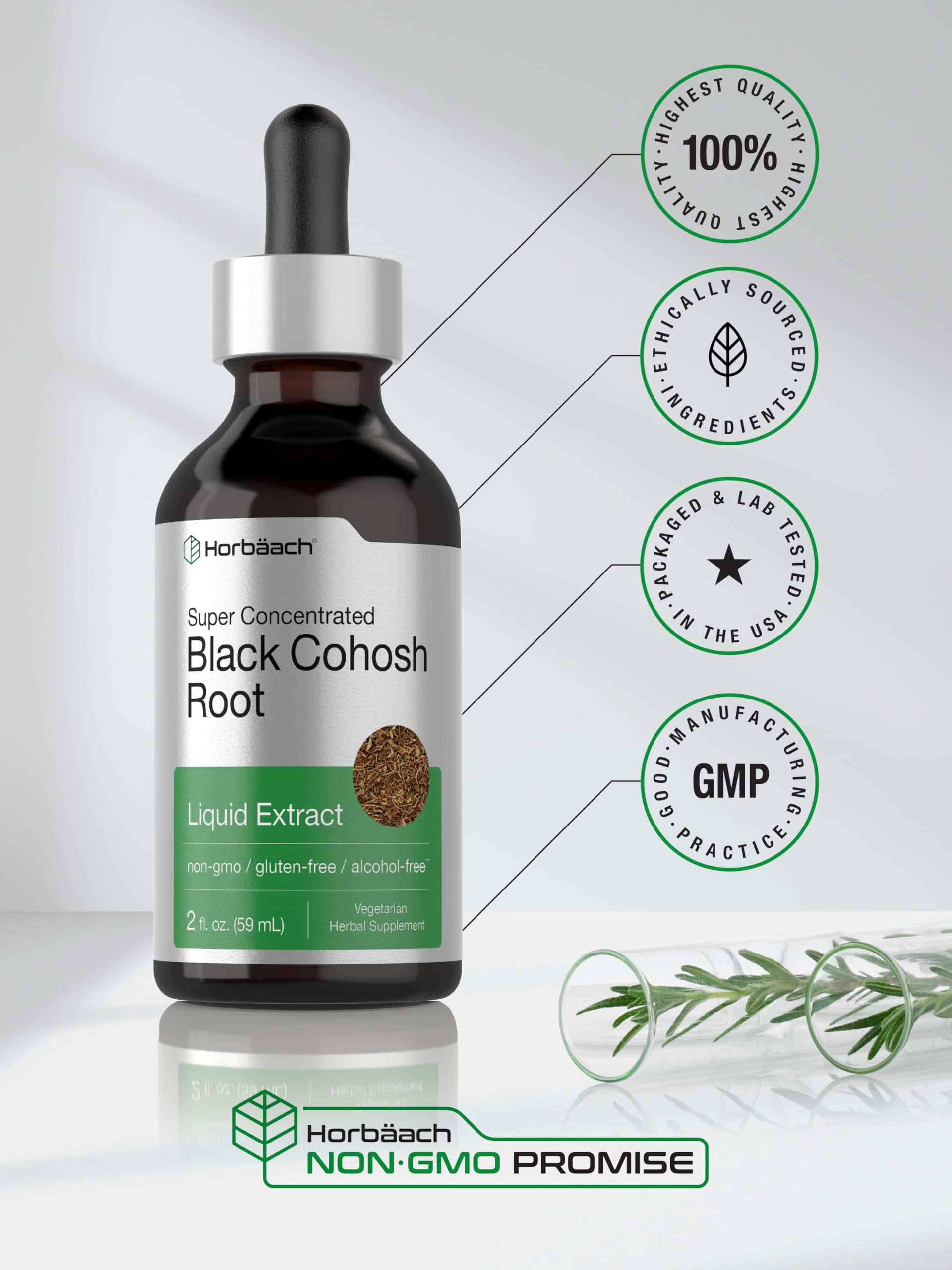 Horbäach Black Cohosh Root Tincture | 2 fl oz | Liquid Extract | Alcohol Free Herb Drops | Vegetarian | Non-GMO, Gluten Free Supplement