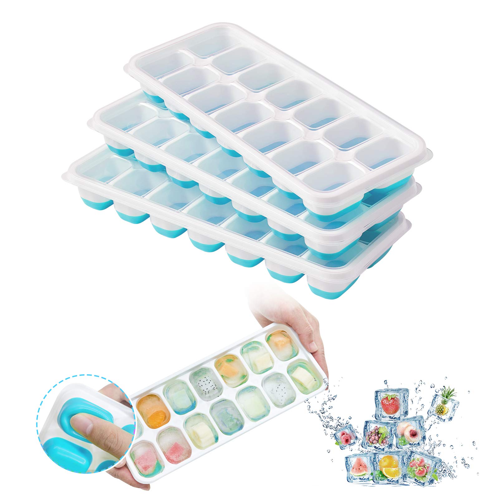 DOQAUS Ice Cube Trays 4 Pack, 56 pcs Silicone Ice Cubes Tray Maker with Spill-Resistant Removable Lid, Easy Release & Pop out, LFGB and BPA Free, Stackable Flexible, for Soup, Food, Cocktail, Coffee