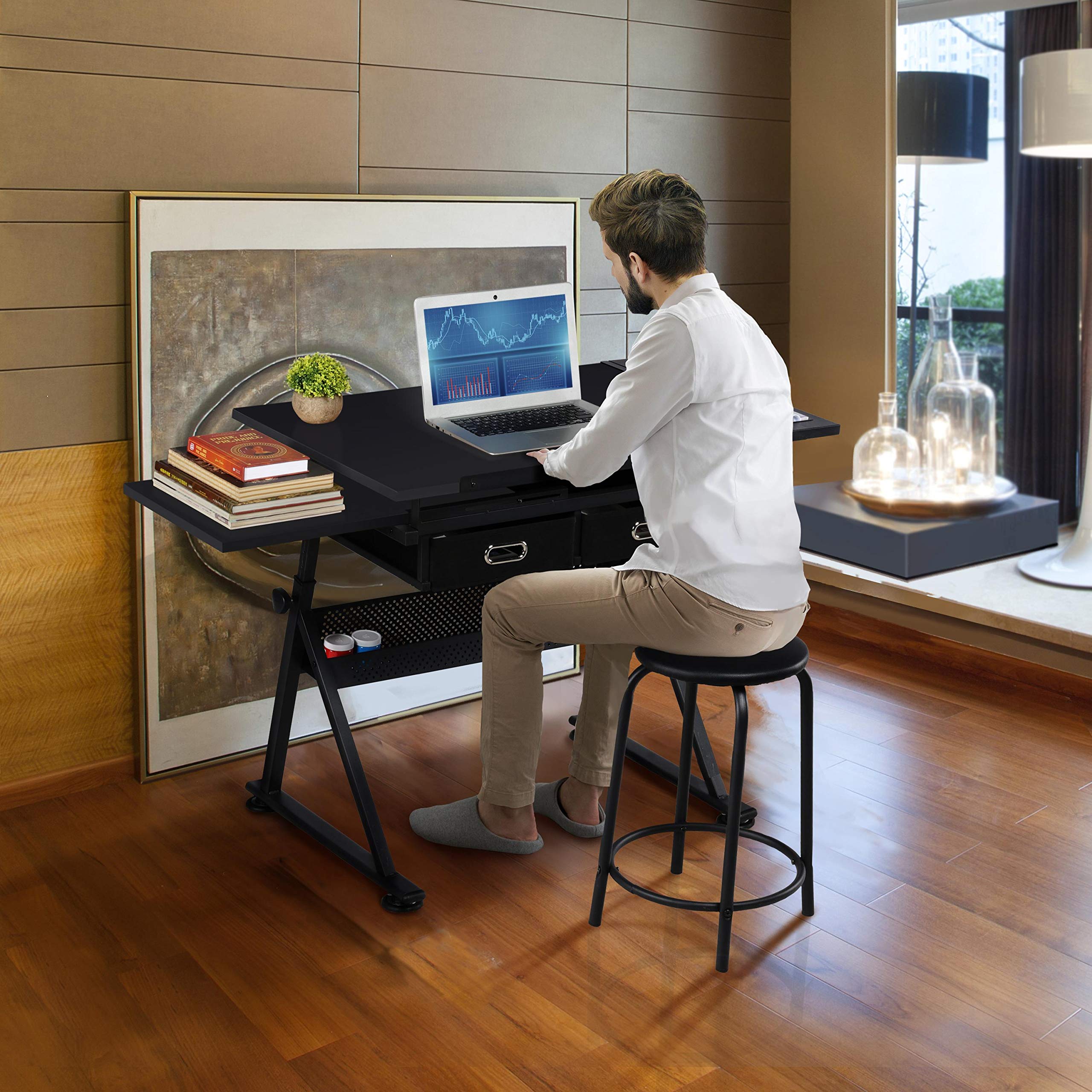 Yaheetech Drafting Table for Artists, Height Adjustable Drawing Desk Art/Craft Desk Diamond Paintings Work Station w/ 2 Storage Drawers and Stool for Home Office School, Black
