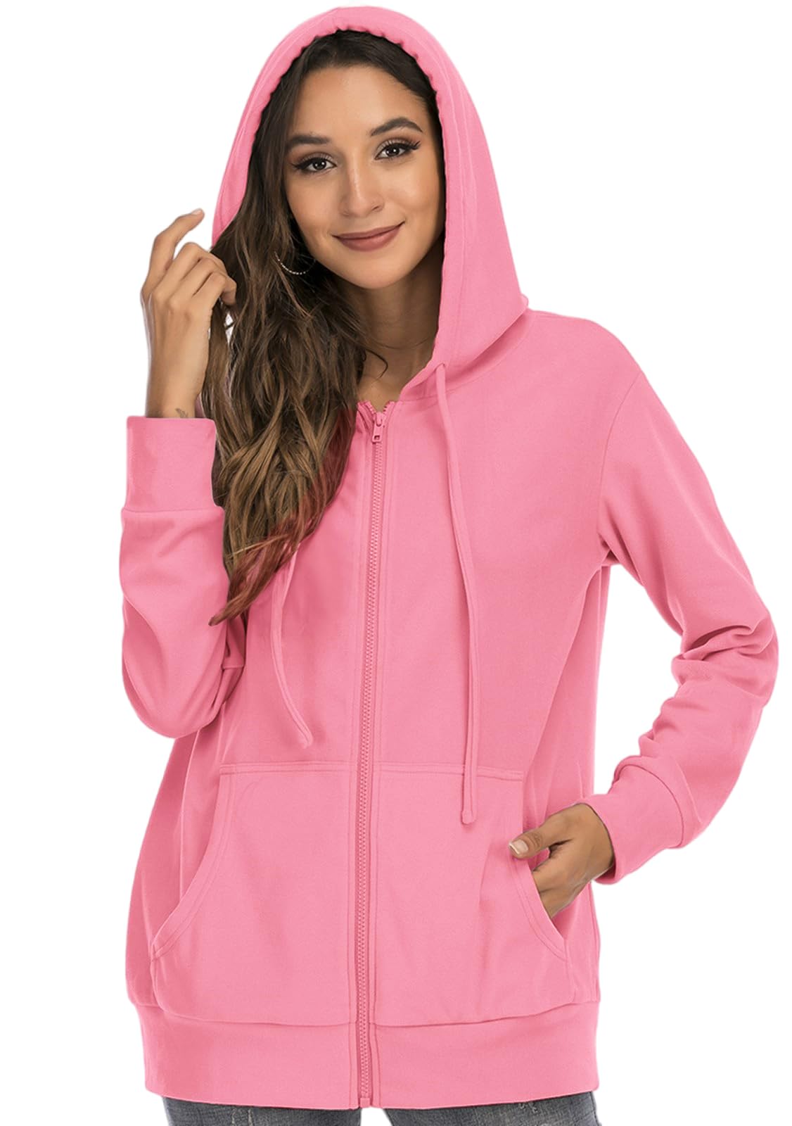 GOCHIC Womens Full Zip Hoodies Long Sleeve Oversized Basic Drawstring Hooded Sweatshirt Lightweight Loose Fit 2023 Fall Winter Hoody Jackets with Pockets Pink Small