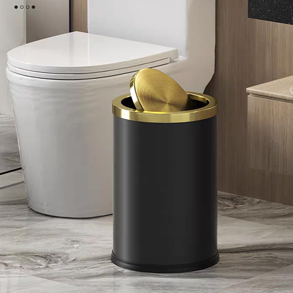 LEASYLIFE 9L/2.4GAL Black and Gold Trash Can for Bathroom,Small Trash Can with Flipping Lid,Garbage cans for Bathroom, Hotel,Office,Lundry,Powder Room, Metallic Gold (ＢＬＡＣＫ)