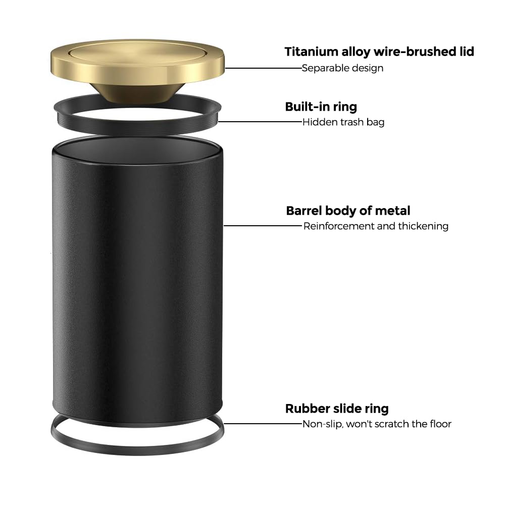 LEASYLIFE 9L/2.4GAL Black and Gold Trash Can for Bathroom,Small Trash Can with Flipping Lid,Garbage cans for Bathroom, Hotel,Office,Lundry,Powder Room, Metallic Gold (ＢＬＡＣＫ)