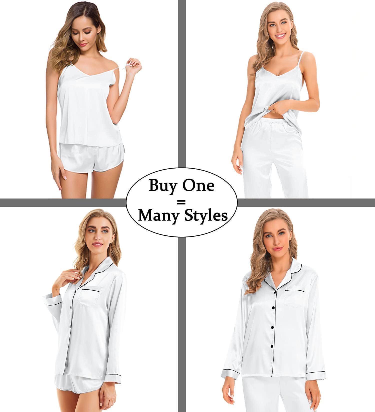SWOMOG Women Satin Pajamas 4pcs Pajama Set Sexy Cami Shorts Set and Button Down Long Sleeve Pjs Loungewear Sleepwear White,Large
