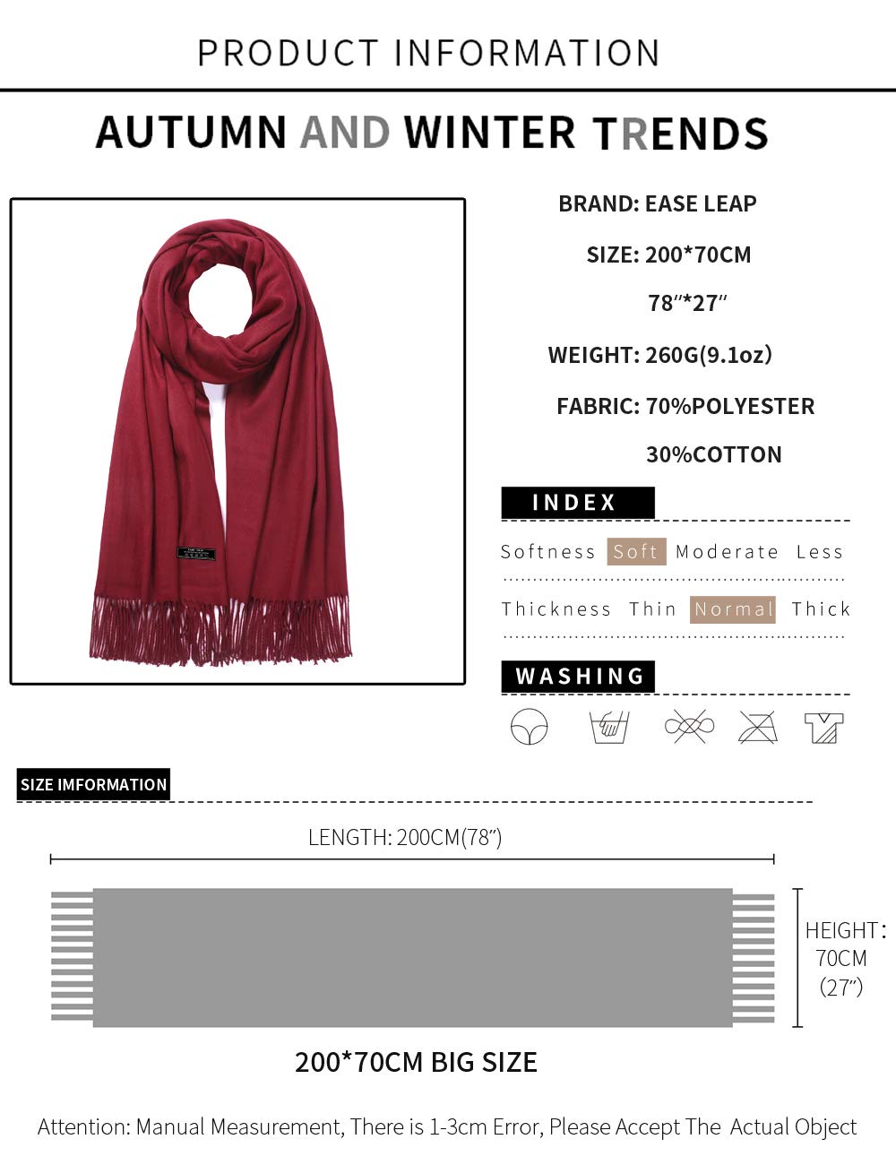 EASE LEAP Pashmina Scarfs for Women Silky Shawls and Wraps for Evening Dresses Soft Large Scarves Wedding Warm Stylish Solid Color, Wine Red