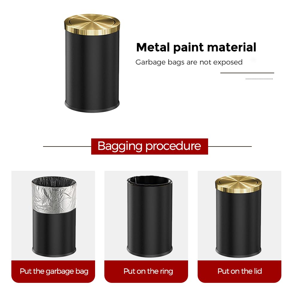 LEASYLIFE 9L/2.4GAL Black and Gold Trash Can for Bathroom,Small Trash Can with Flipping Lid,Garbage cans for Bathroom, Hotel,Office,Lundry,Powder Room, Metallic Gold (ＢＬＡＣＫ)