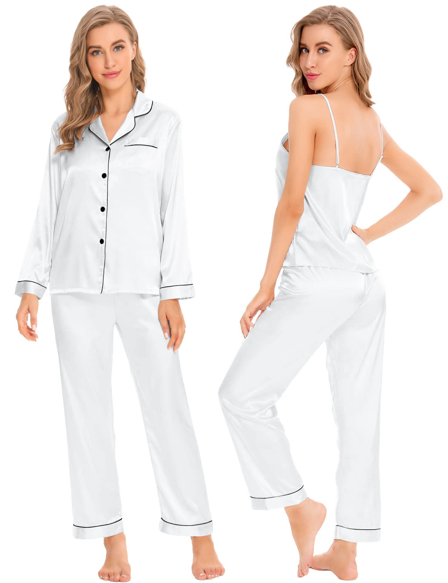 SWOMOG Women Satin Pajamas 4pcs Pajama Set Sexy Cami Shorts Set and Button Down Long Sleeve Pjs Loungewear Sleepwear White,Large