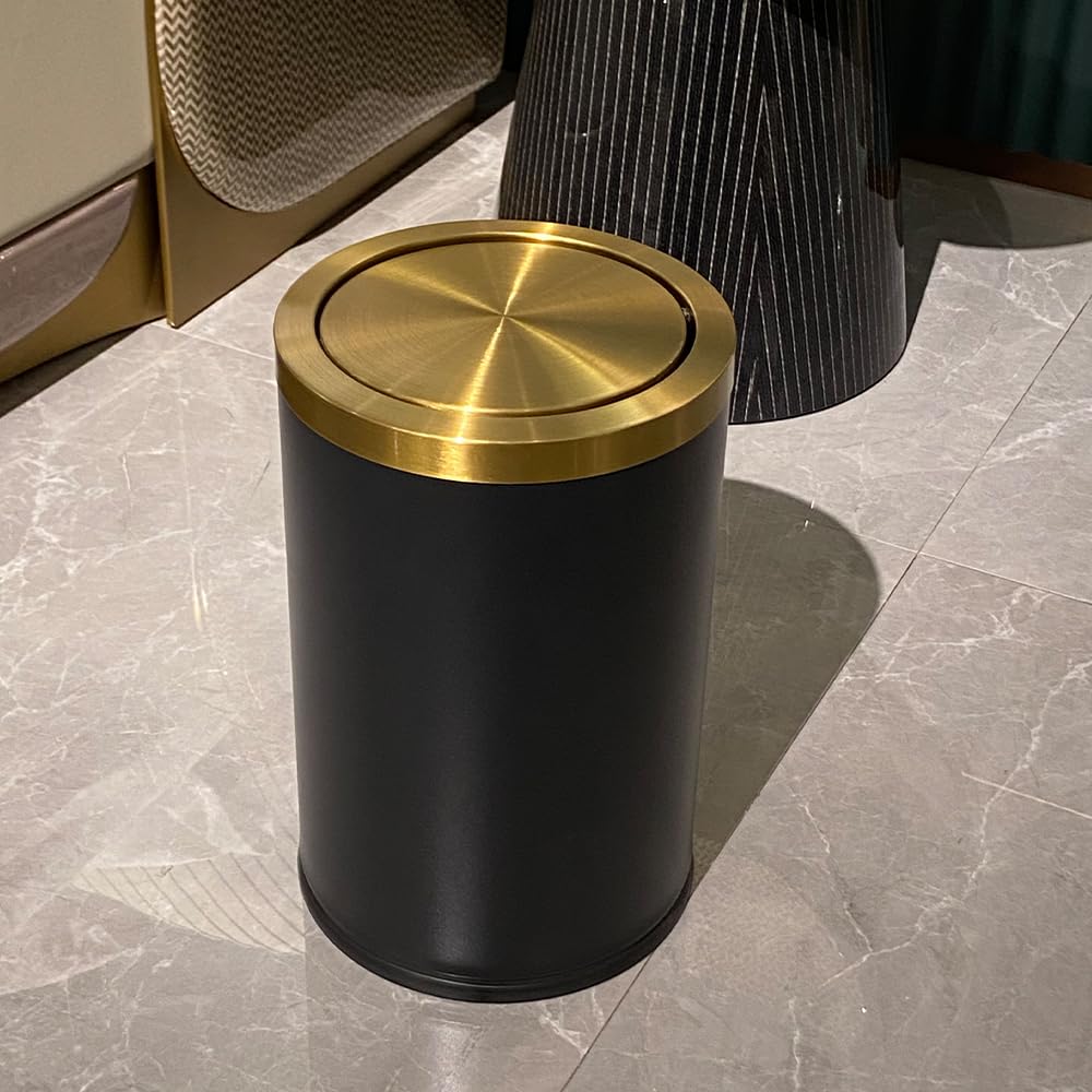 LEASYLIFE 9L/2.4GAL Black and Gold Trash Can for Bathroom,Small Trash Can with Flipping Lid,Garbage cans for Bathroom, Hotel,Office,Lundry,Powder Room, Metallic Gold (ＢＬＡＣＫ)