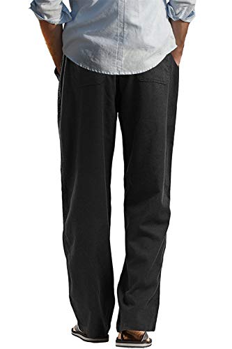 perdontoo Mens Casual Cotton Linen Pants Elastic Waist Drawstring Straight Summer Beach Pants (Small, Black)
