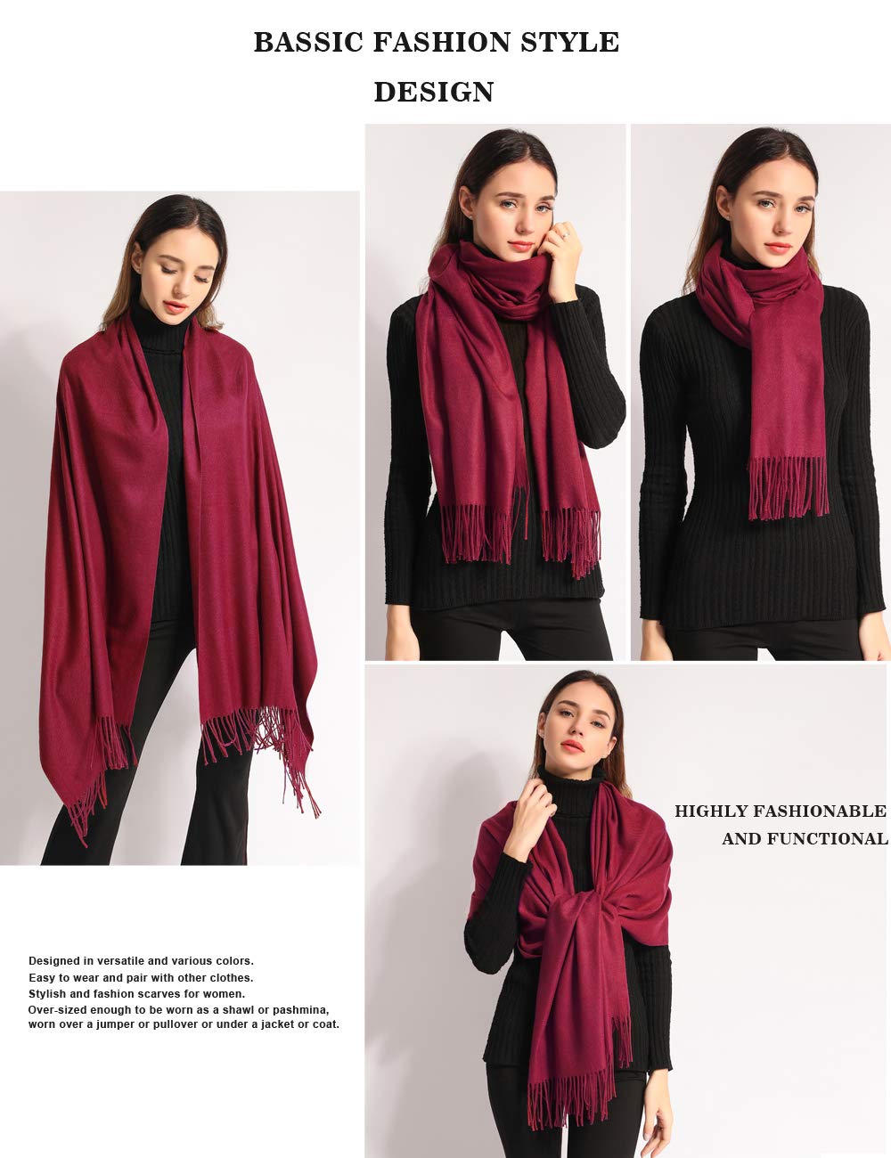 EASE LEAP Pashmina Scarfs for Women Silky Shawls and Wraps for Evening Dresses Soft Large Scarves Wedding Warm Stylish Solid Color, Wine Red
