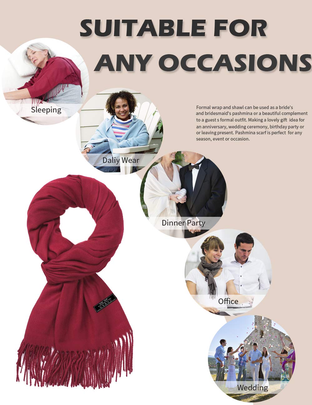 EASE LEAP Pashmina Scarfs for Women Silky Shawls and Wraps for Evening Dresses Soft Large Scarves Wedding Warm Stylish Solid Color, Wine Red