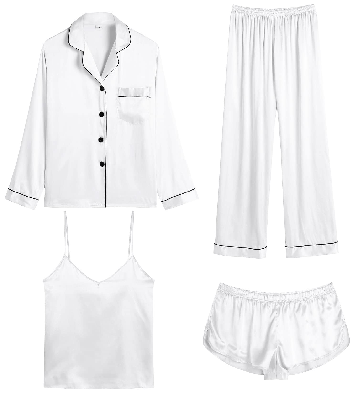 SWOMOG Women Satin Pajamas 4pcs Pajama Set Sexy Cami Shorts Set and Button Down Long Sleeve Pjs Loungewear Sleepwear White,Large