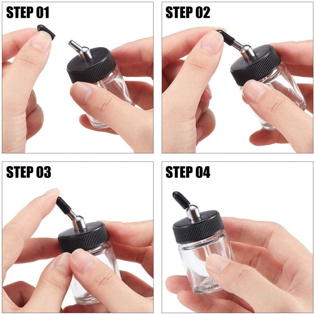 HUBEST 10PCS 22CC Airbrush Glass Bottles with Jar Caps Airbrush jar with 10pcs Adapter Cap Covers Set with 60° Down Angle Adaptor Lid Assembly for Master, Iwata Single Action Airbrush