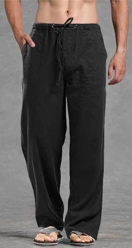 perdontoo Mens Casual Cotton Linen Pants Elastic Waist Drawstring Straight Summer Beach Pants (Small, Black)
