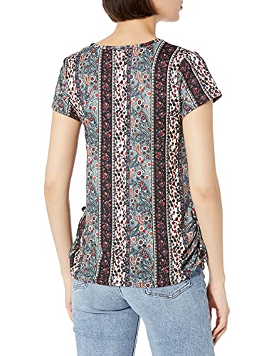 Star Vixen Women's Plus Size Short Sleeve V Neck Top with Ruched Side Detail, Sage Black Wallpaper, 3X