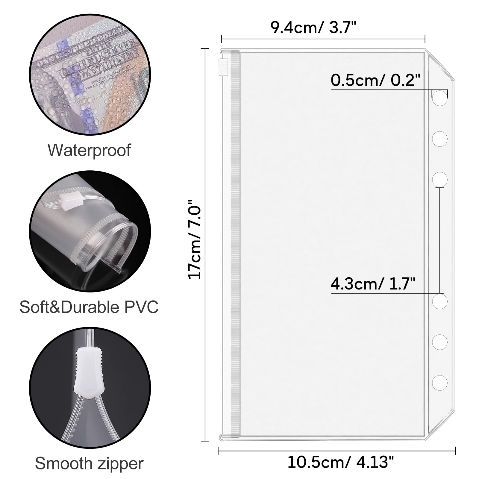 YOTINO 30PCS A6 Size 6 Holes Binder Pockets,Binder Zipper Folders, Waterproof PVC Clear Cash Budget Envelopes Binder Pouches, for 6-Ring Notebook Binder for Cards, Coins, Stamps