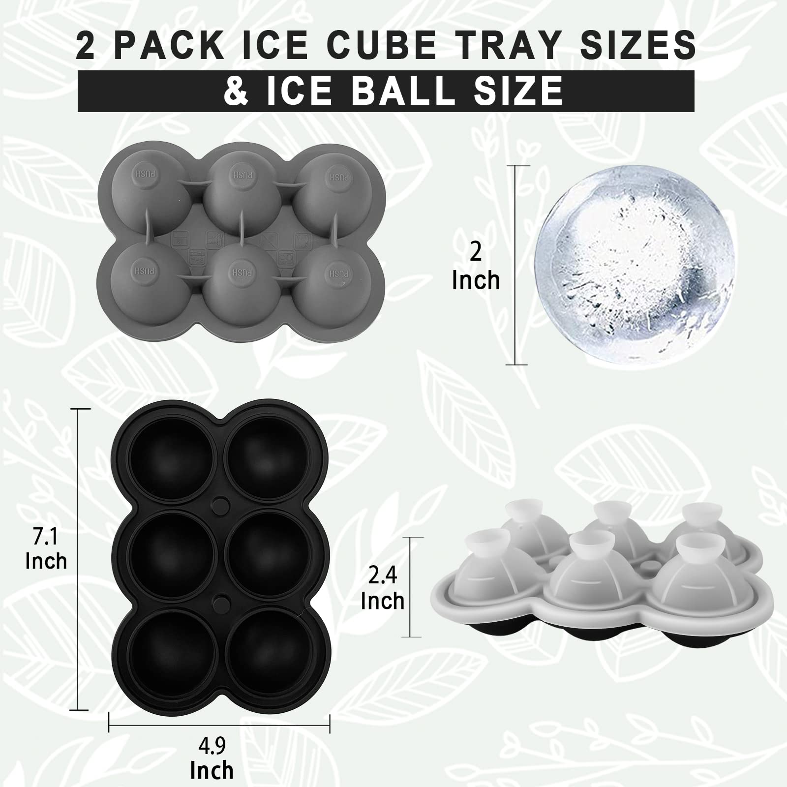 LiyuanQ Ice Cube Trays 2 Pack Large Silicon Ice Cubes Mold 2-Inch Ice Ball Maker Round Ice Mold with Funnel and Lid, Easy-Release, No Leakage, for Whiskey, Cocktail, Juice, Party (Black & Grey)