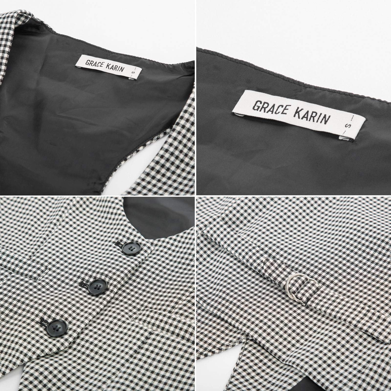 GRACE KARIN Women's Outerwear Vests Fully Lined Blazer Dressy Vest Coat for Work(S, Black-White Plaid)