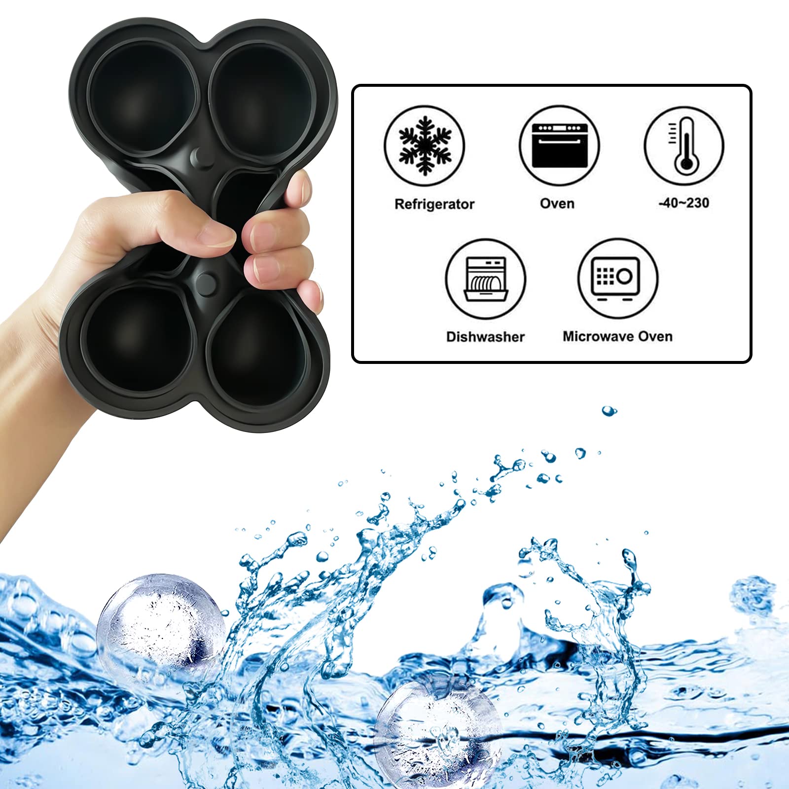 LiyuanQ Ice Cube Trays 2 Pack Large Silicon Ice Cubes Mold 2-Inch Ice Ball Maker Round Ice Mold with Funnel and Lid, Easy-Release, No Leakage, for Whiskey, Cocktail, Juice, Party (Black & Grey)