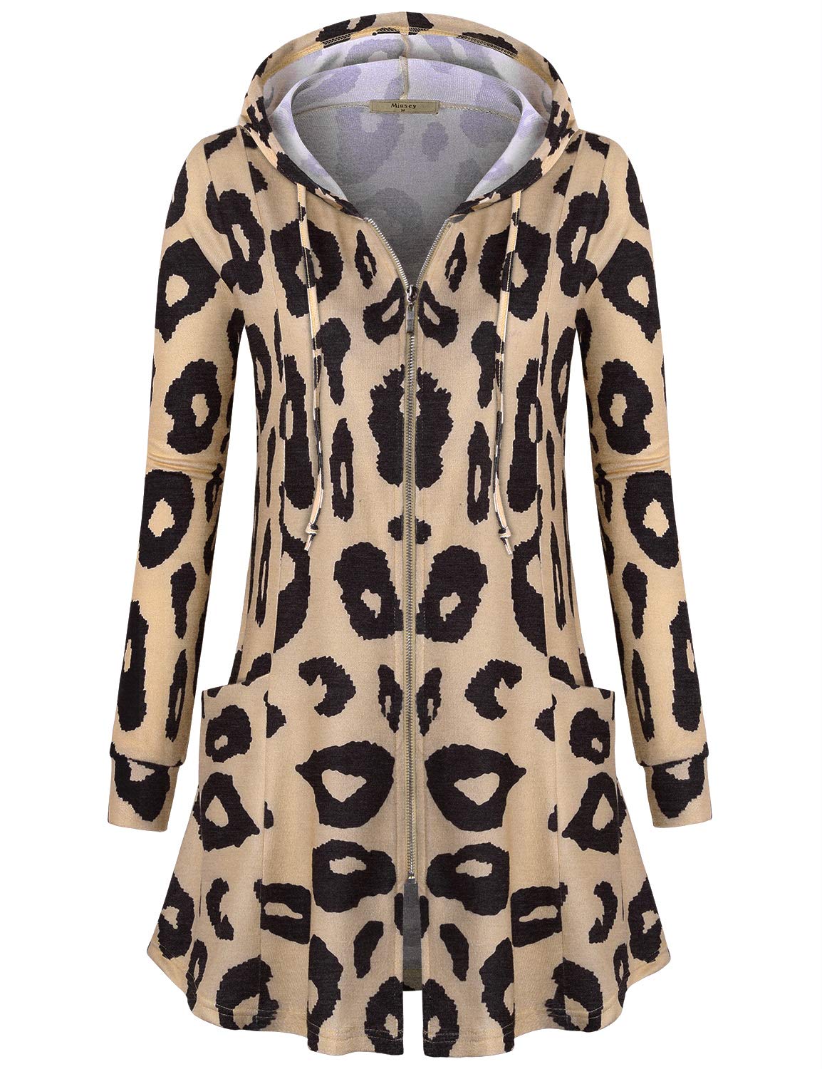 Miusey Leopard Sweatshirt, Misses Unique Long Hoodies with Double Pockets Nice Lightweight Zipper Jacket Pretty Tunics Cool Modern Animal Party Club Bar Disco Wear Leopard S