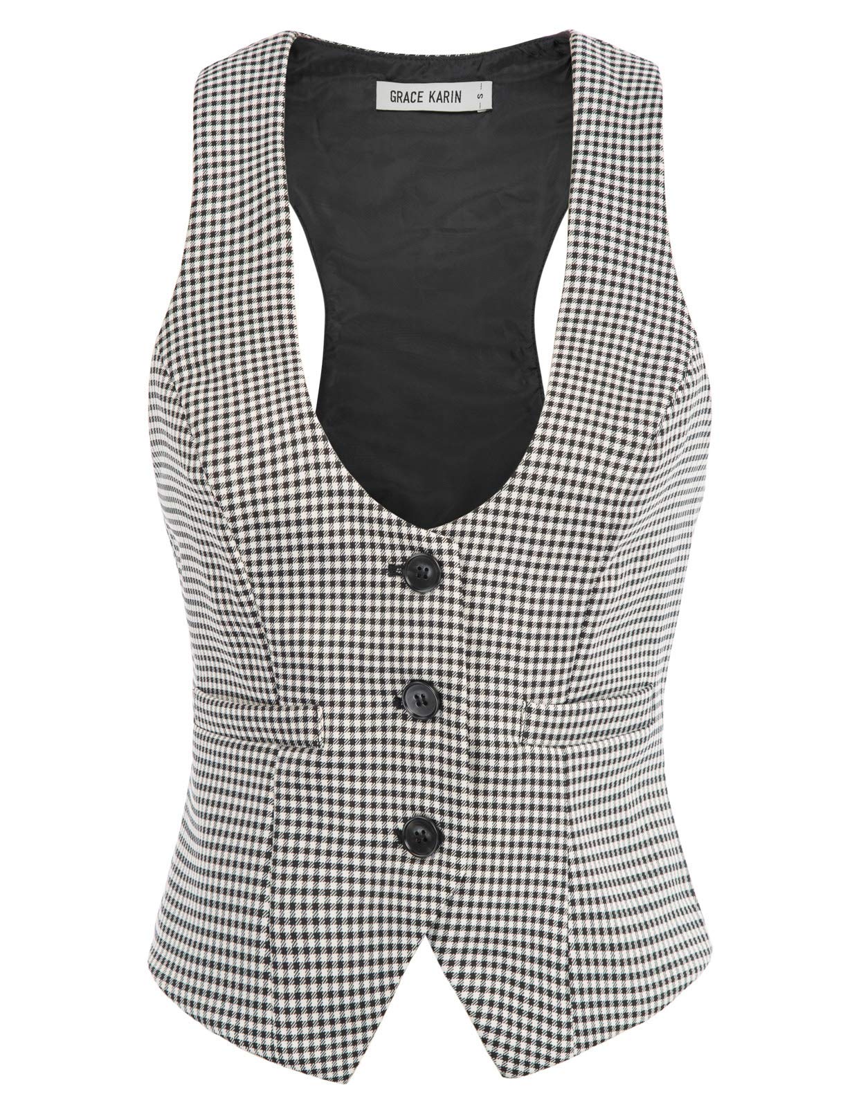 GRACE KARIN Women's Outerwear Vests Fully Lined Blazer Dressy Vest Coat for Work(S, Black-White Plaid)