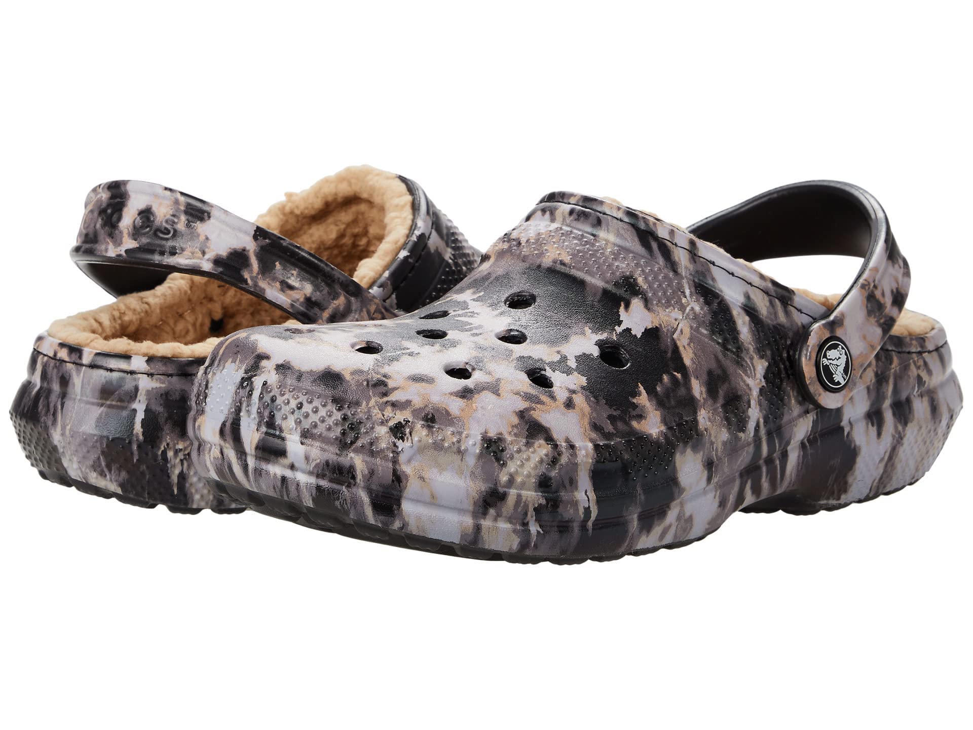Crocs Unisex-Adult Classic Tie Dye Lined Clogs | Fuzzy Slippers, Black Bleached Dye, 7 Women/5 Men