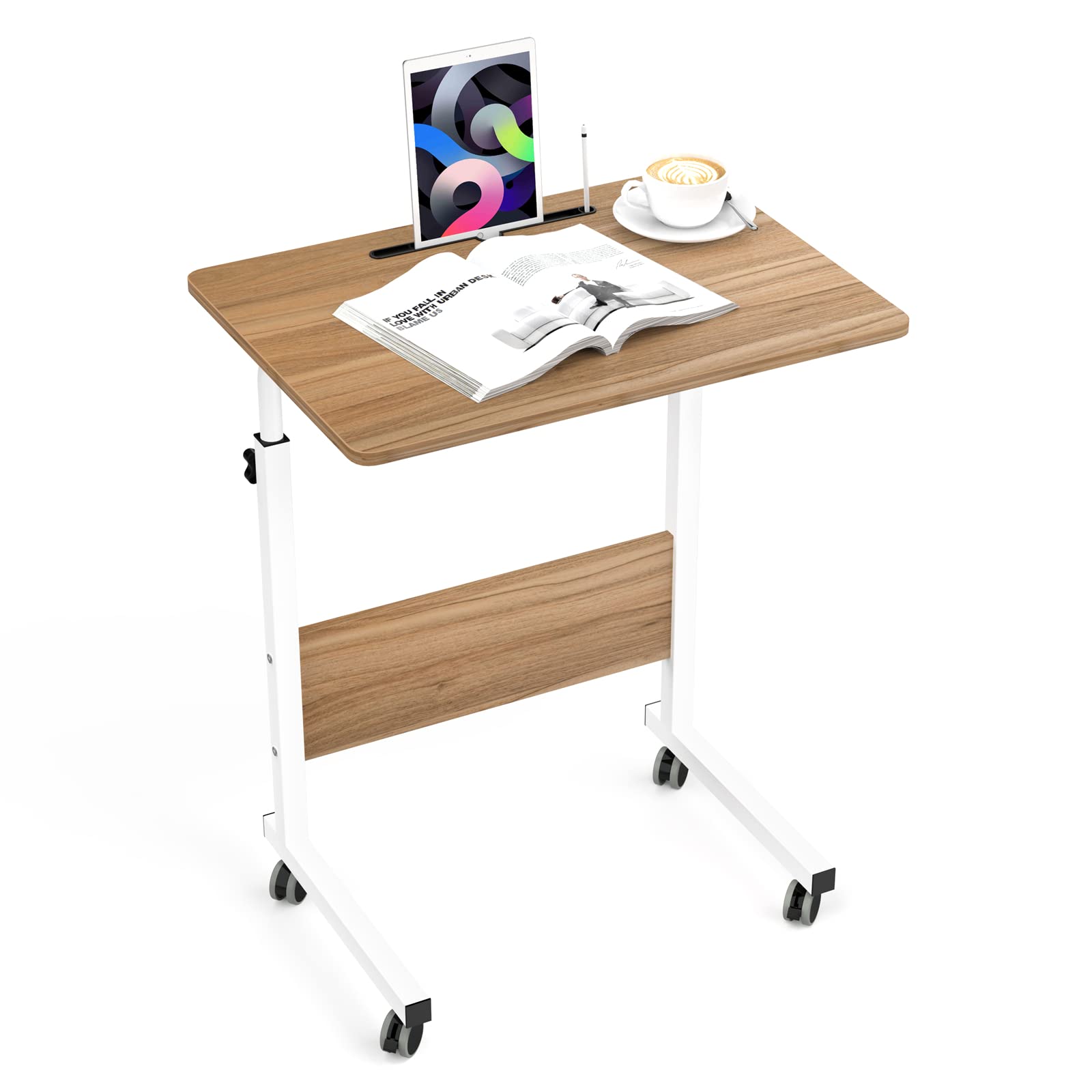 SogesGame Mobile Sofa Side Table, Industrial C Table with Wheels, Portable Desk Cart Tray End Table Height Adjustable, Snack Table for Couch Sofa, Oak,05#3-60OK-S8-US