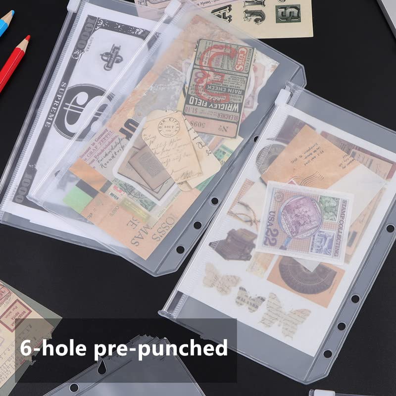 YOTINO 30PCS A6 Size 6 Holes Binder Pockets,Binder Zipper Folders, Waterproof PVC Clear Cash Budget Envelopes Binder Pouches, for 6-Ring Notebook Binder for Cards, Coins, Stamps