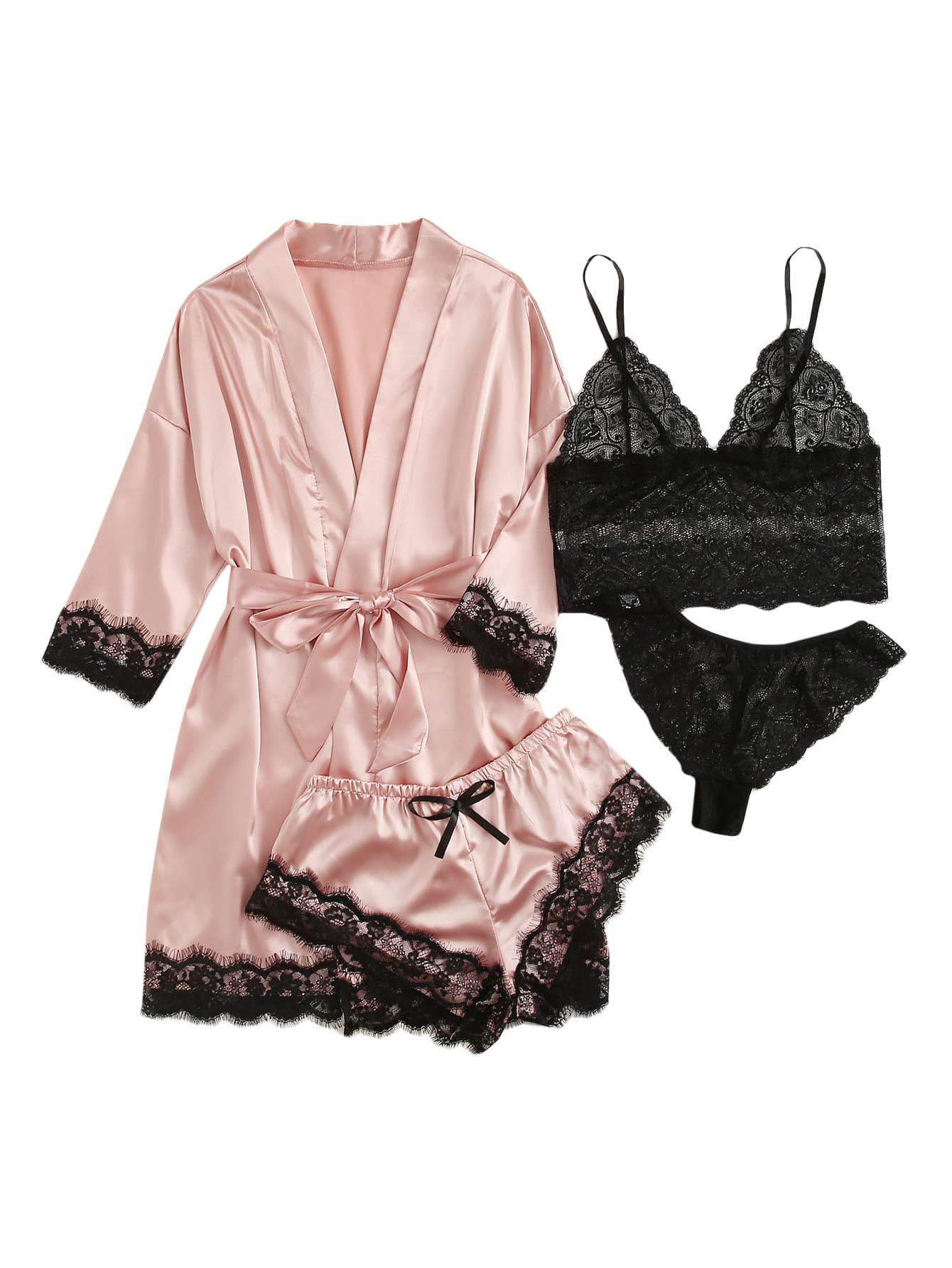 WDIRARA Women' Silk Satin Pajamas Set 4pcs Lingerie Floral Lace Cami Sleepwear with Robe Pink XS