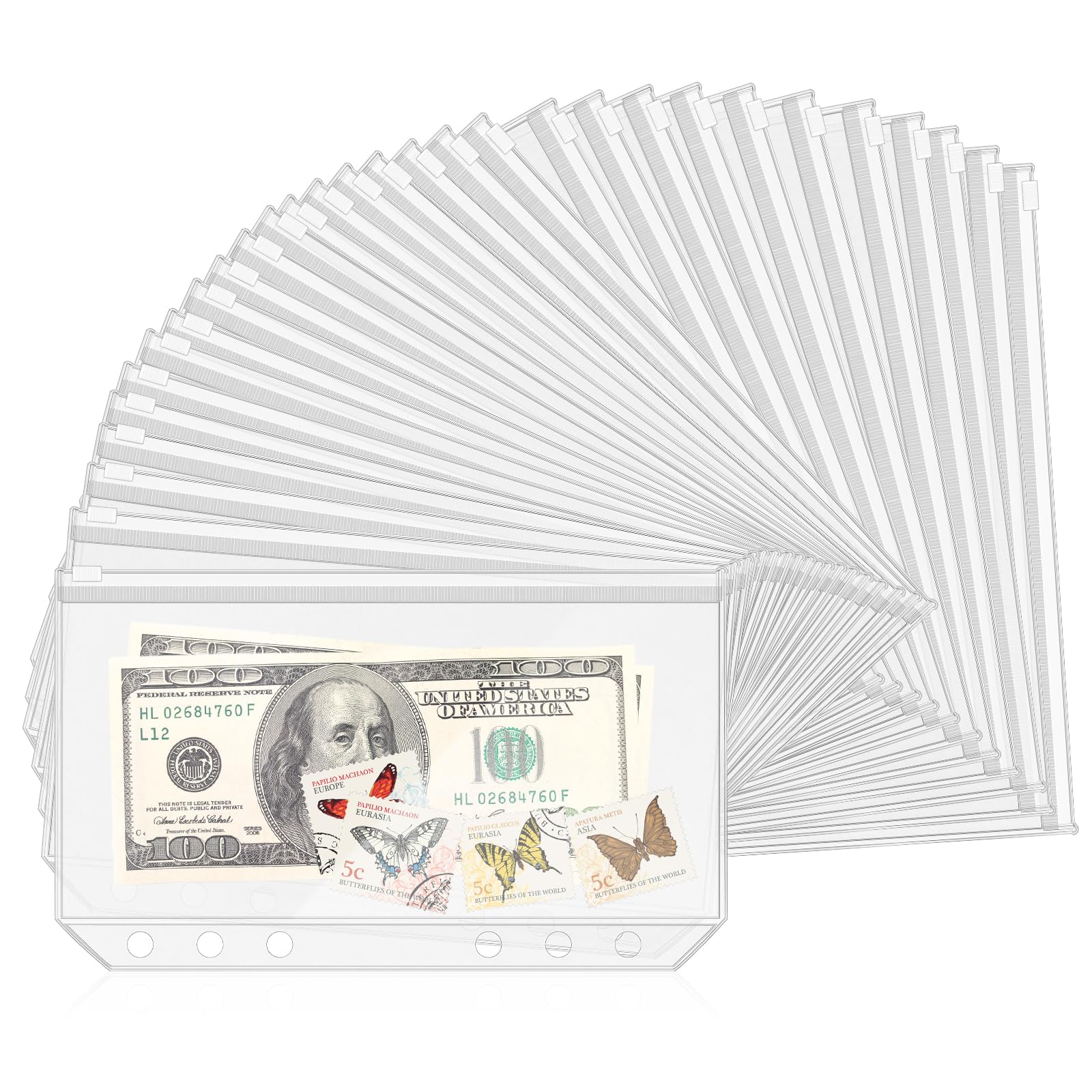 YOTINO 30PCS A6 Size 6 Holes Binder Pockets,Binder Zipper Folders, Waterproof PVC Clear Cash Budget Envelopes Binder Pouches, for 6-Ring Notebook Binder for Cards, Coins, Stamps